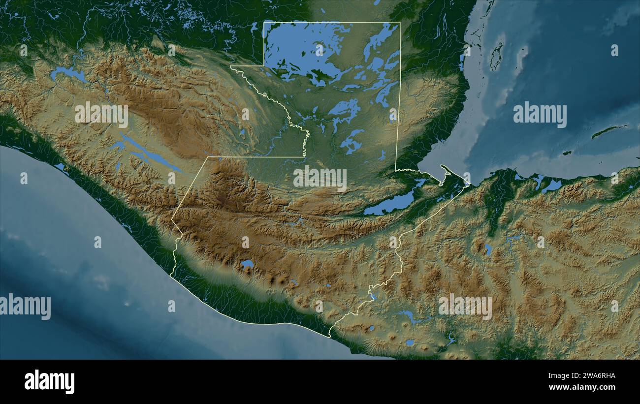 Guatemala outlined on a Colored elevation map with lakes and rivers ...