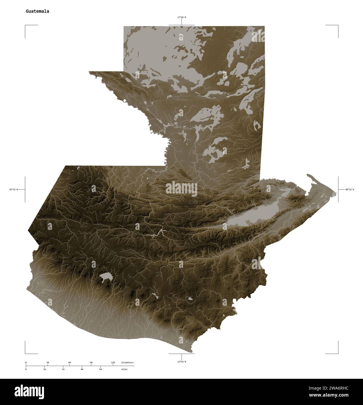Shape of a elevation map colored in sepia tones with lakes and rivers ...