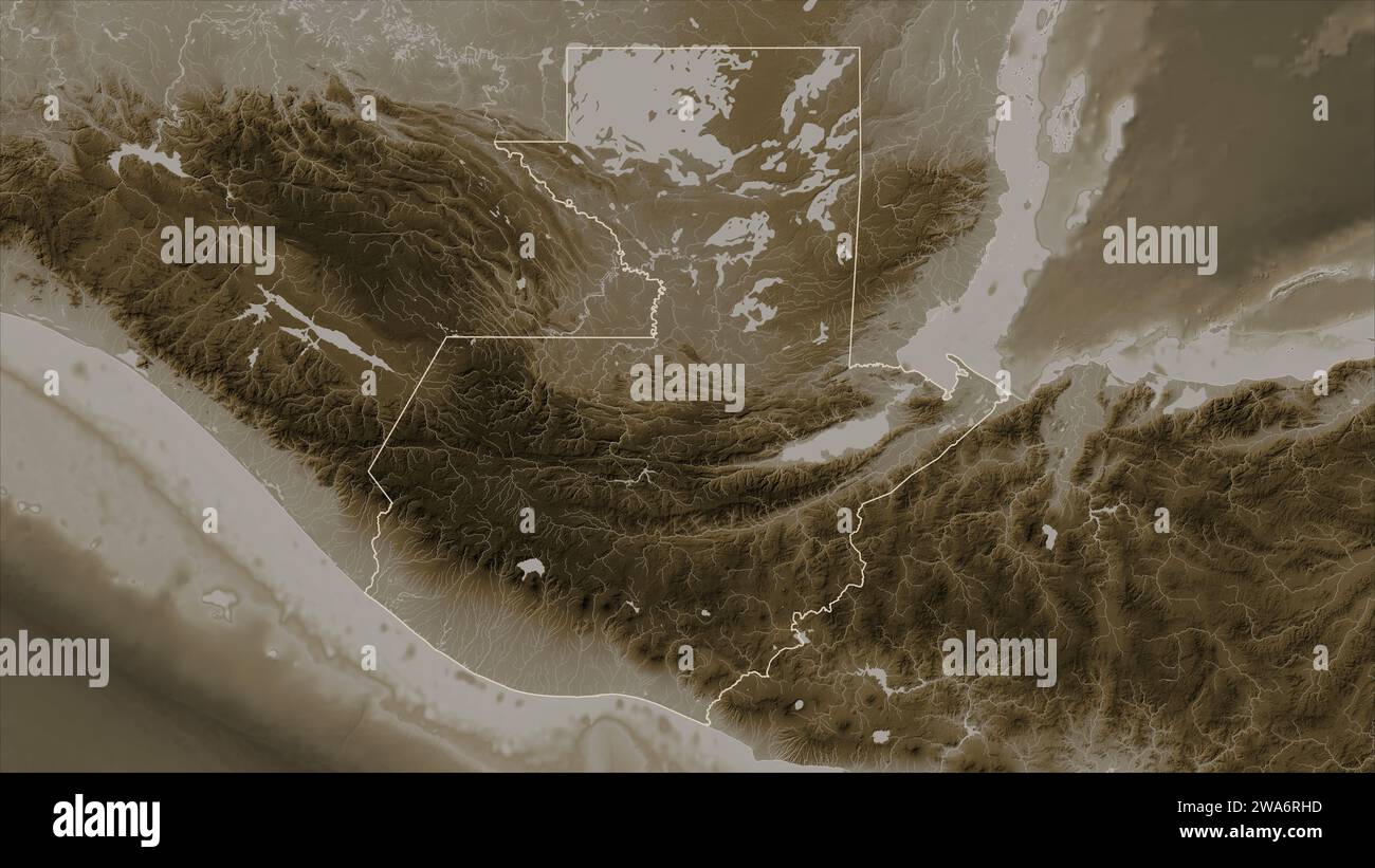 Guatemala outlined on a elevation map colored in sepia tones with lakes ...