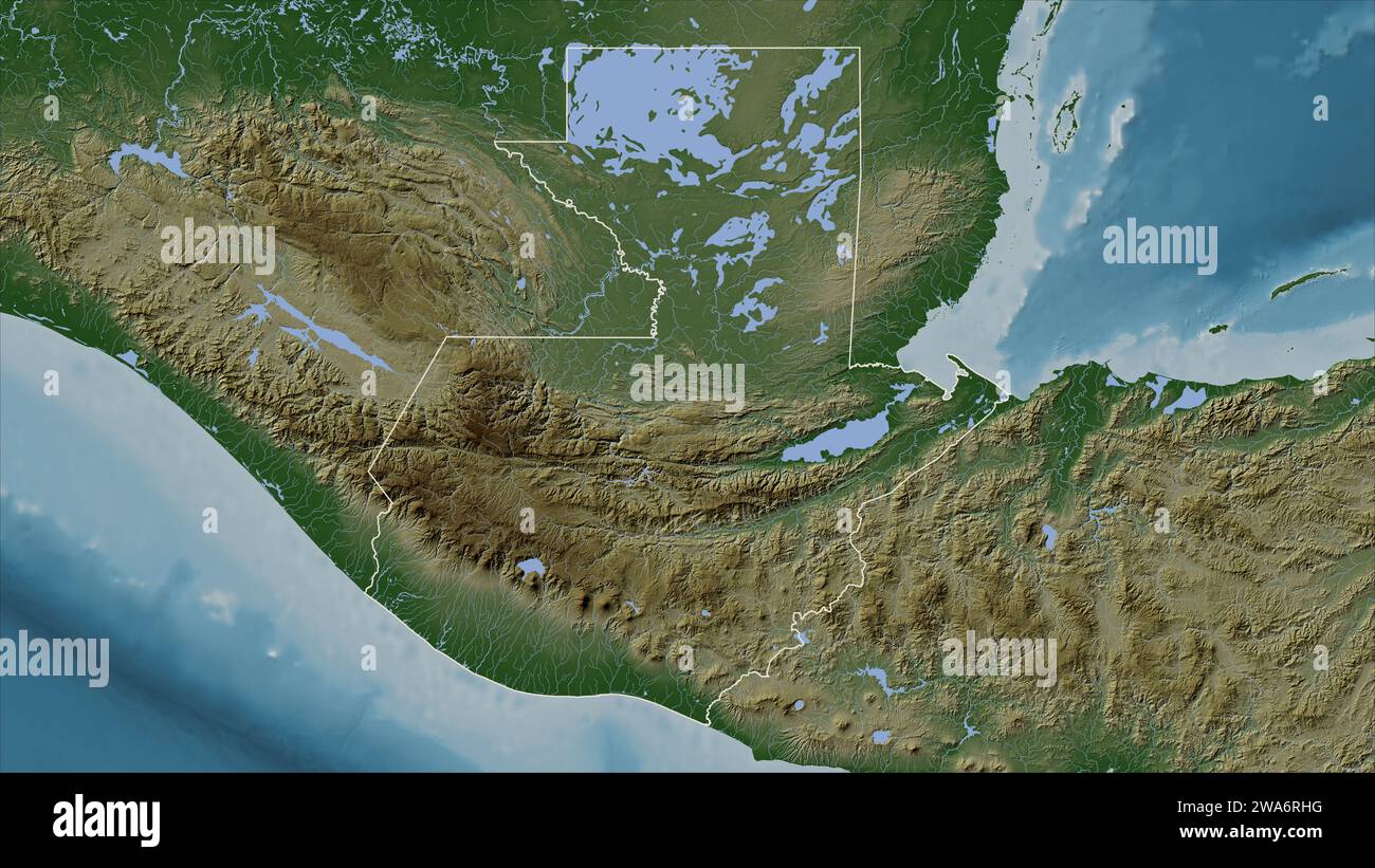 Guatemala outlined on a Pale colored elevation map with lakes and ...