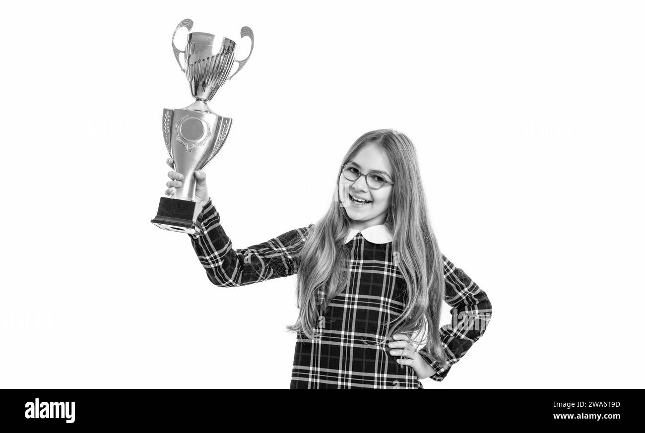 cheerful excellent school girl with award isolated on white background ...
