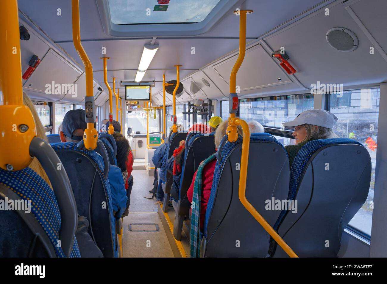 Nuuk, Greenland - Aug. 21, 2023: Inside a shuttle bus taking tourists ...