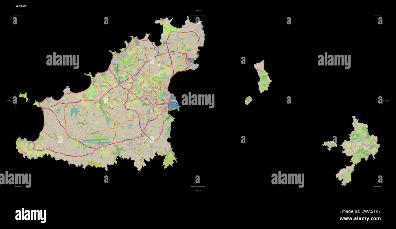 Shape of a topographic, OSM Germany style map of the Guernsey, with distance scale and map ...