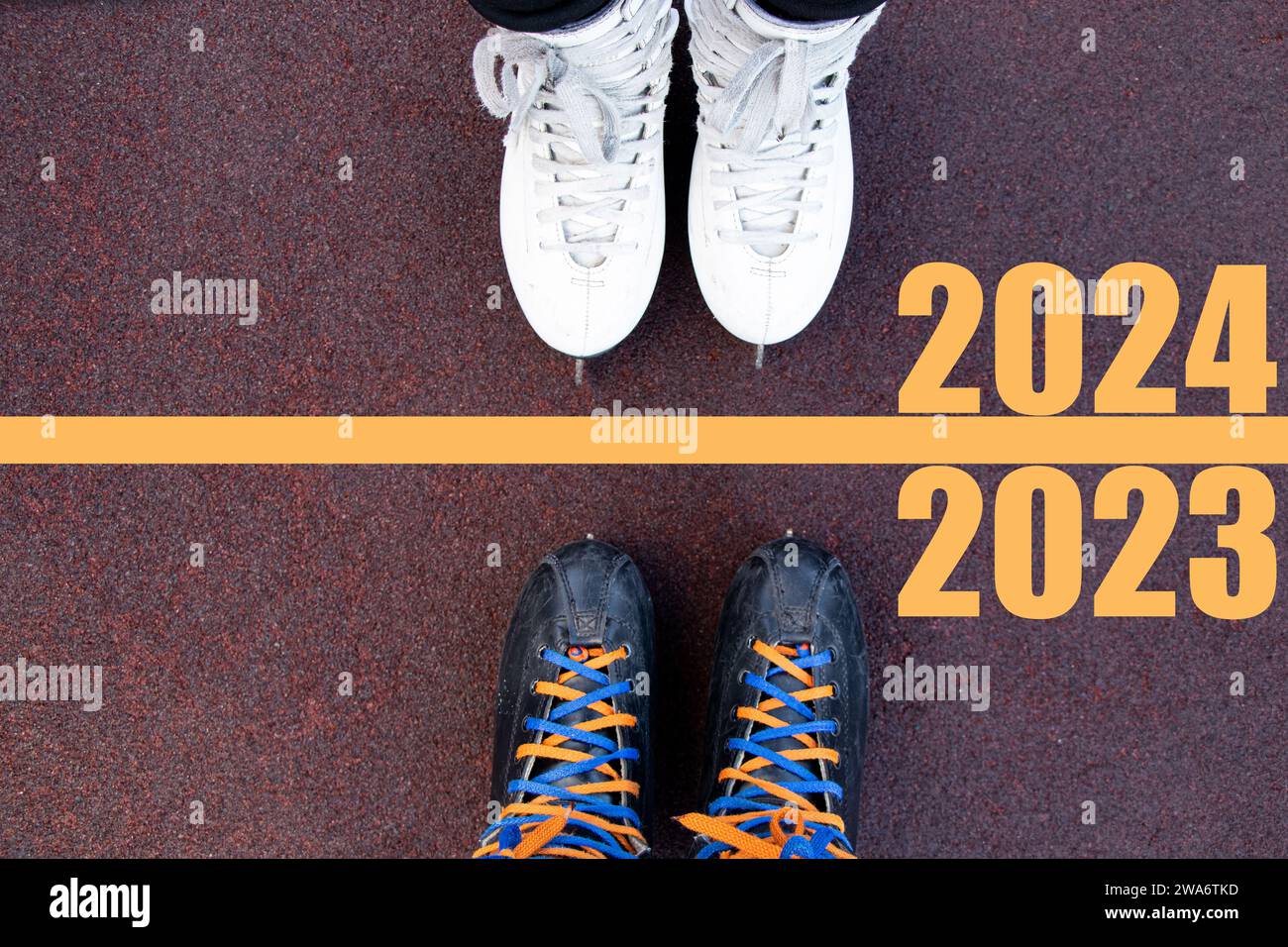 Women's legs in skates stand opposite each other and 2023 and 2024 ...