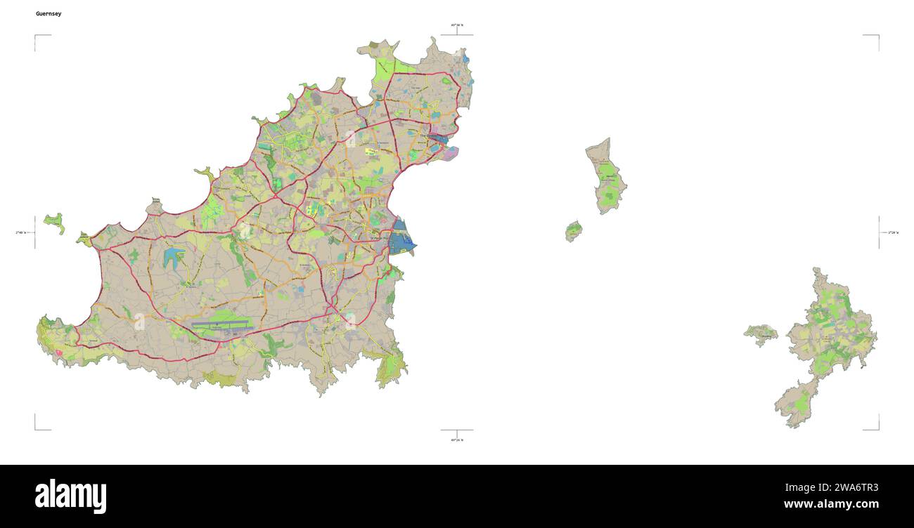 Shape of a topographic, OSM Germany style map of the Guernsey, with distance scale and map ...