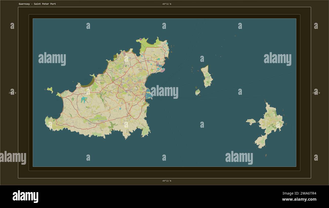 Guernsey highlighted on a topographic, OSM Humanitarian style map map ...
