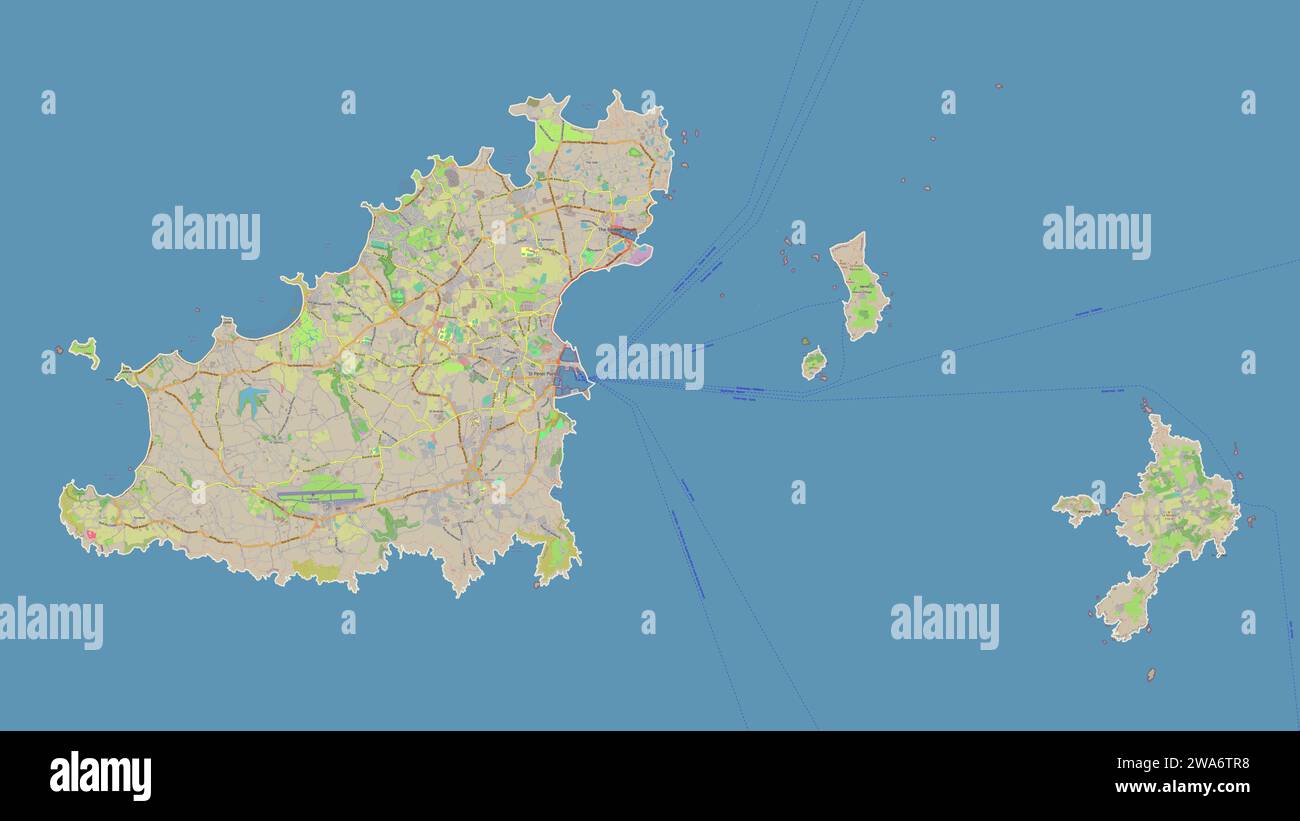 Guernsey outlined on a topographic, OSM standard style map Stock Photo ...