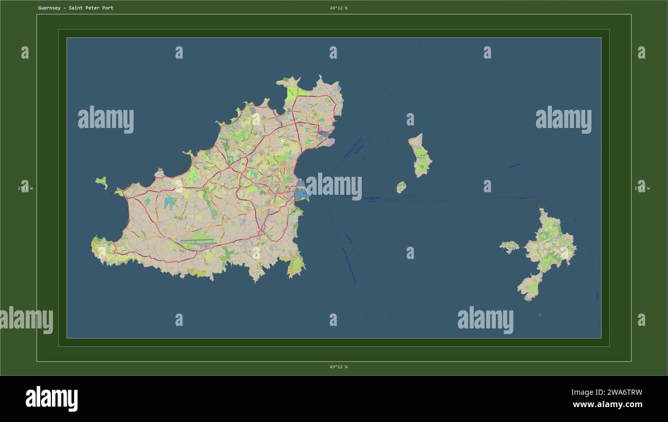 Guernsey highlighted on a topographic, OSM Germany style map map with ...