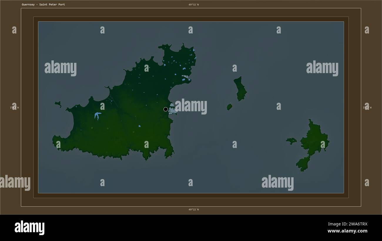 Guernsey highlighted on a Colored elevation map with lakes and rivers ...