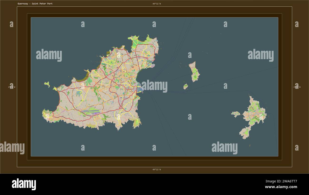 Guernsey highlighted on a topographic, OSM France style map map with ...