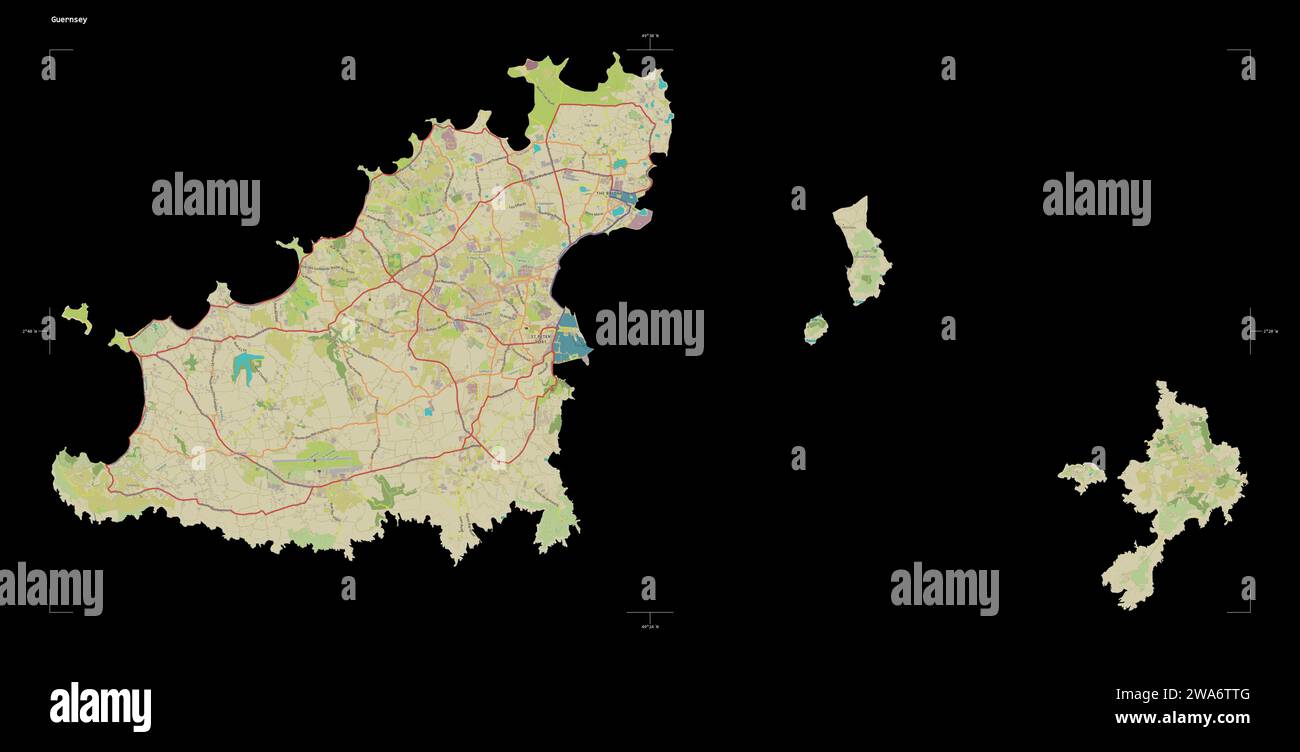 Shape of a topographic, OSM Humanitarian style map of the Guernsey ...