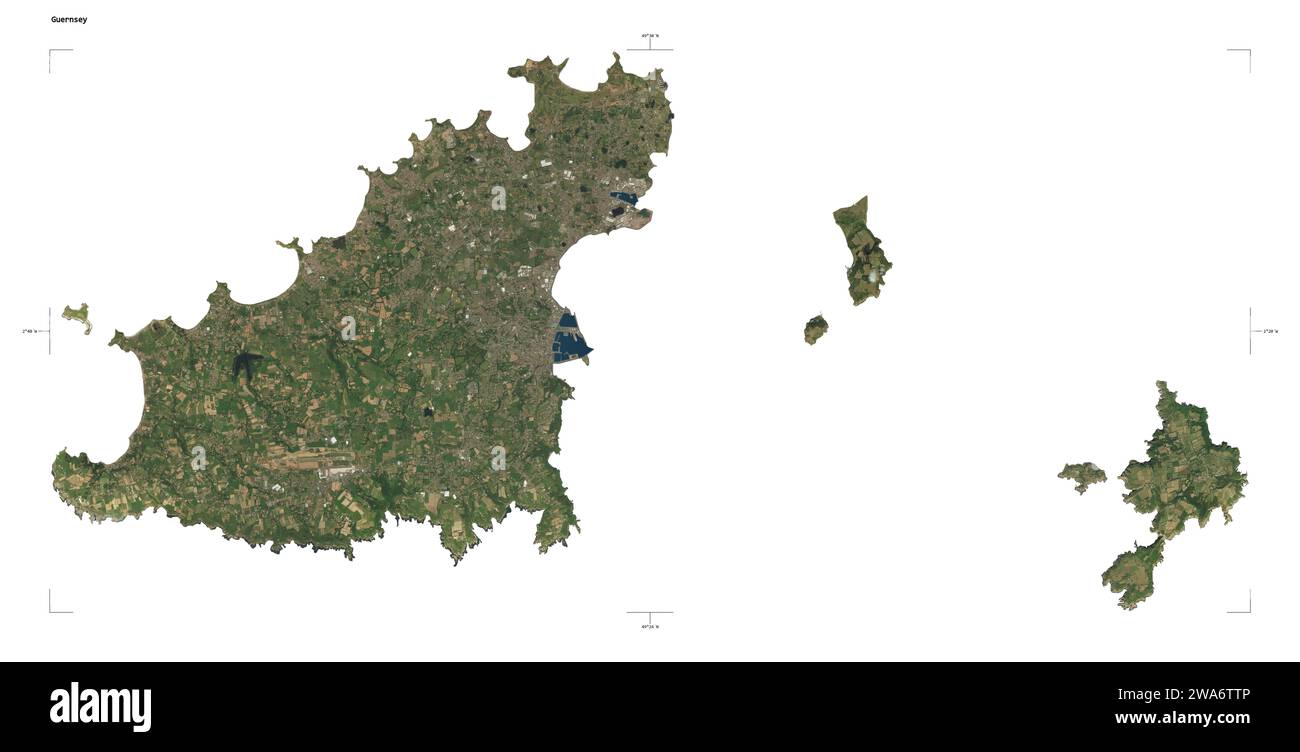 Shape of a high resolution satellite map of the Guernsey, with distance scale and map border ...