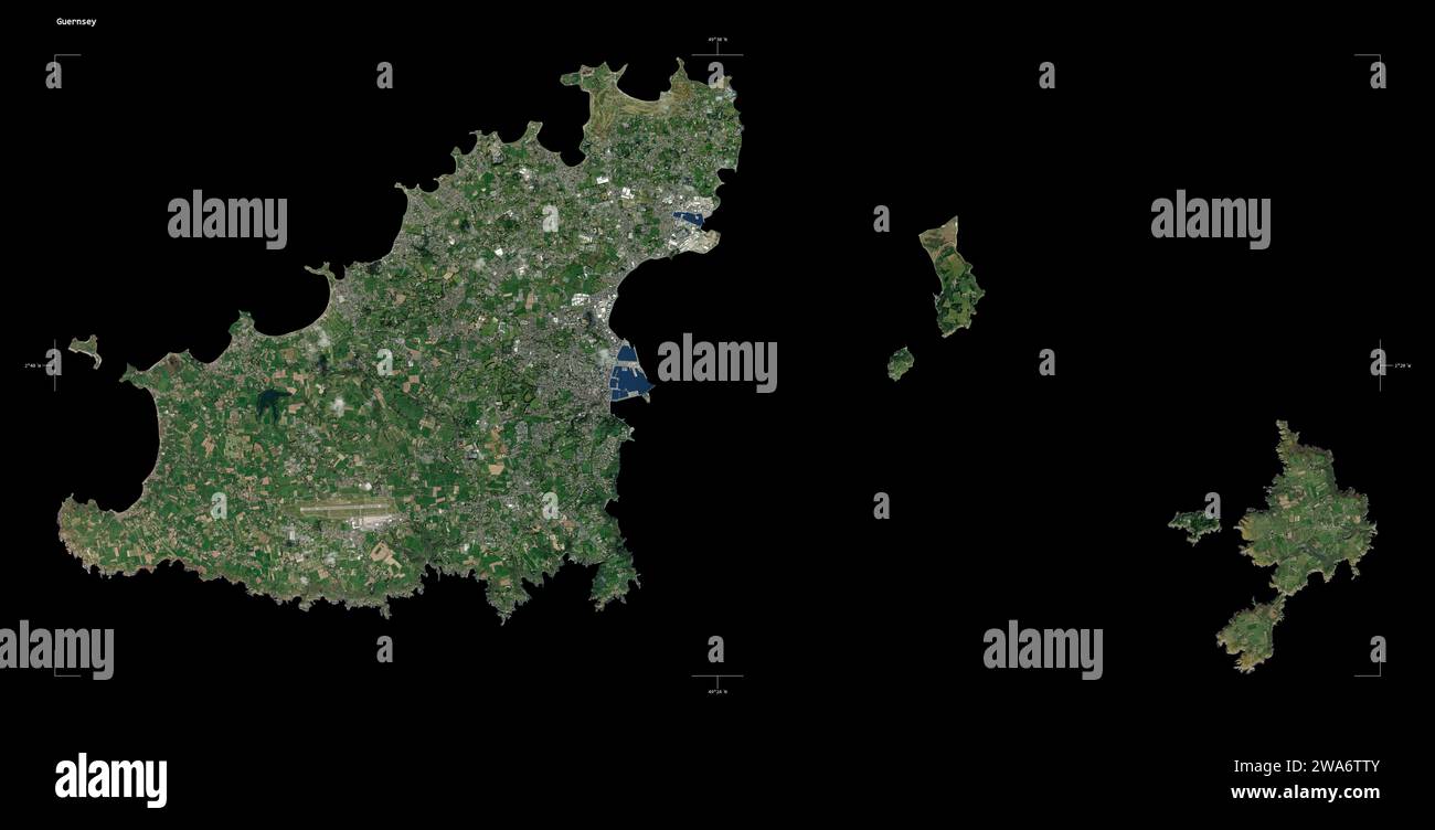Shape of a low resolution satellite map of the Guernsey, with distance ...