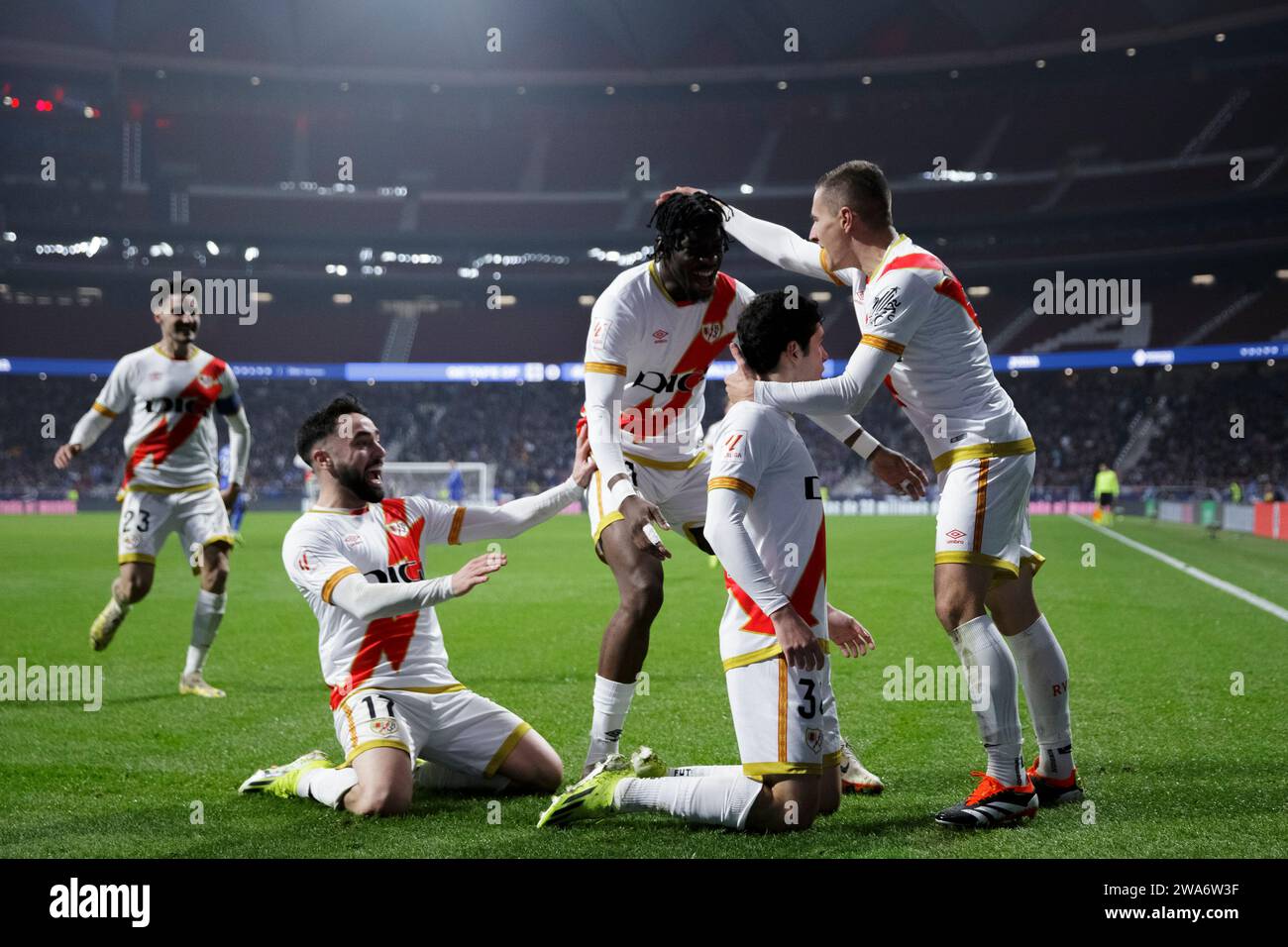 MADRID, SPAIN - JANUARY 2:Several players of Rayo Vallecano celebrates ...