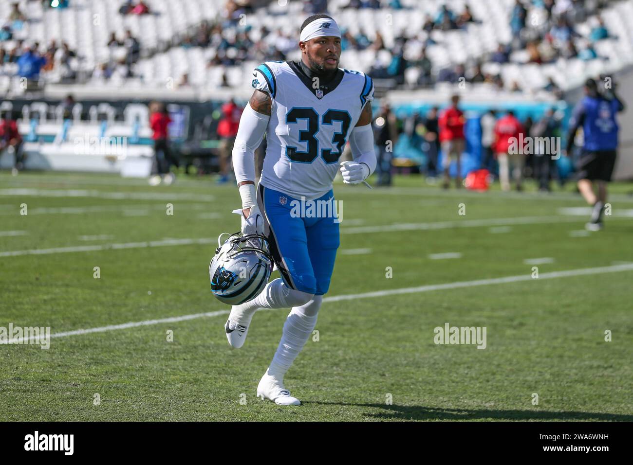 Carolina Panthers linebacker Tae Davis (33) leaves the field before an ...