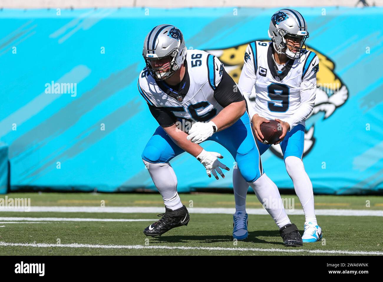 Carolina Panthers center Bradley Bozeman (56) warms up before an NFL ... Carolina Panthers center Bradley Bozeman (56) warms up before an NFL ...
