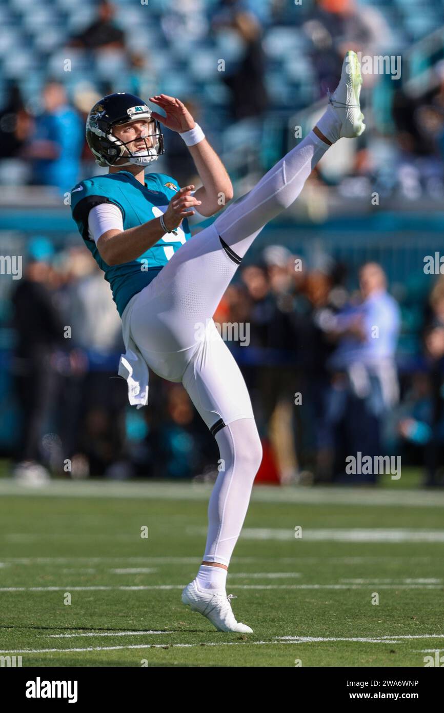 Jacksonville Jaguars punter Logan Cooke (9) warms up before an NFL ...