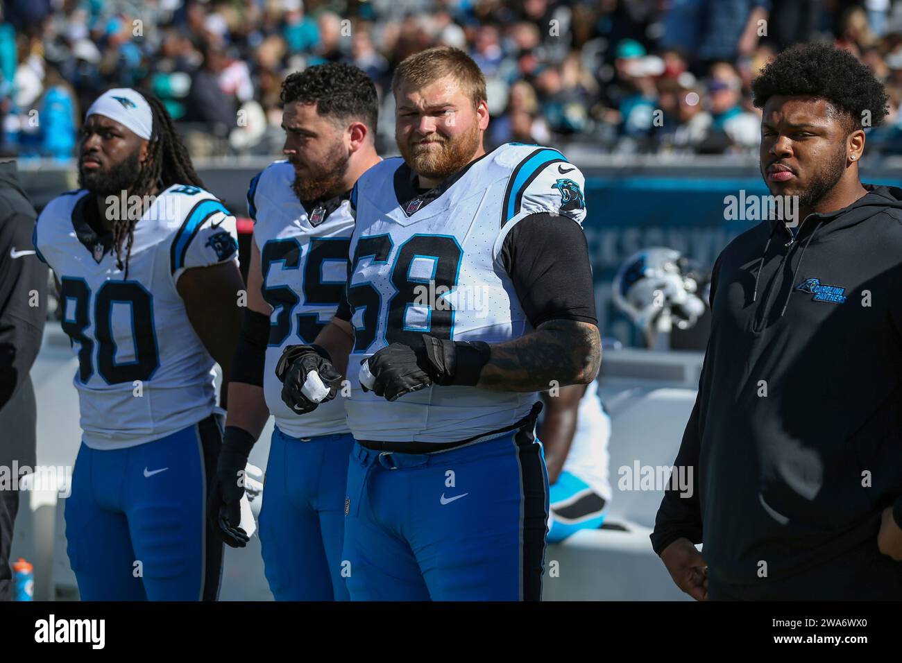 Carolina Panthers guard Cade Mays (68) lines up on the sidelines before ...