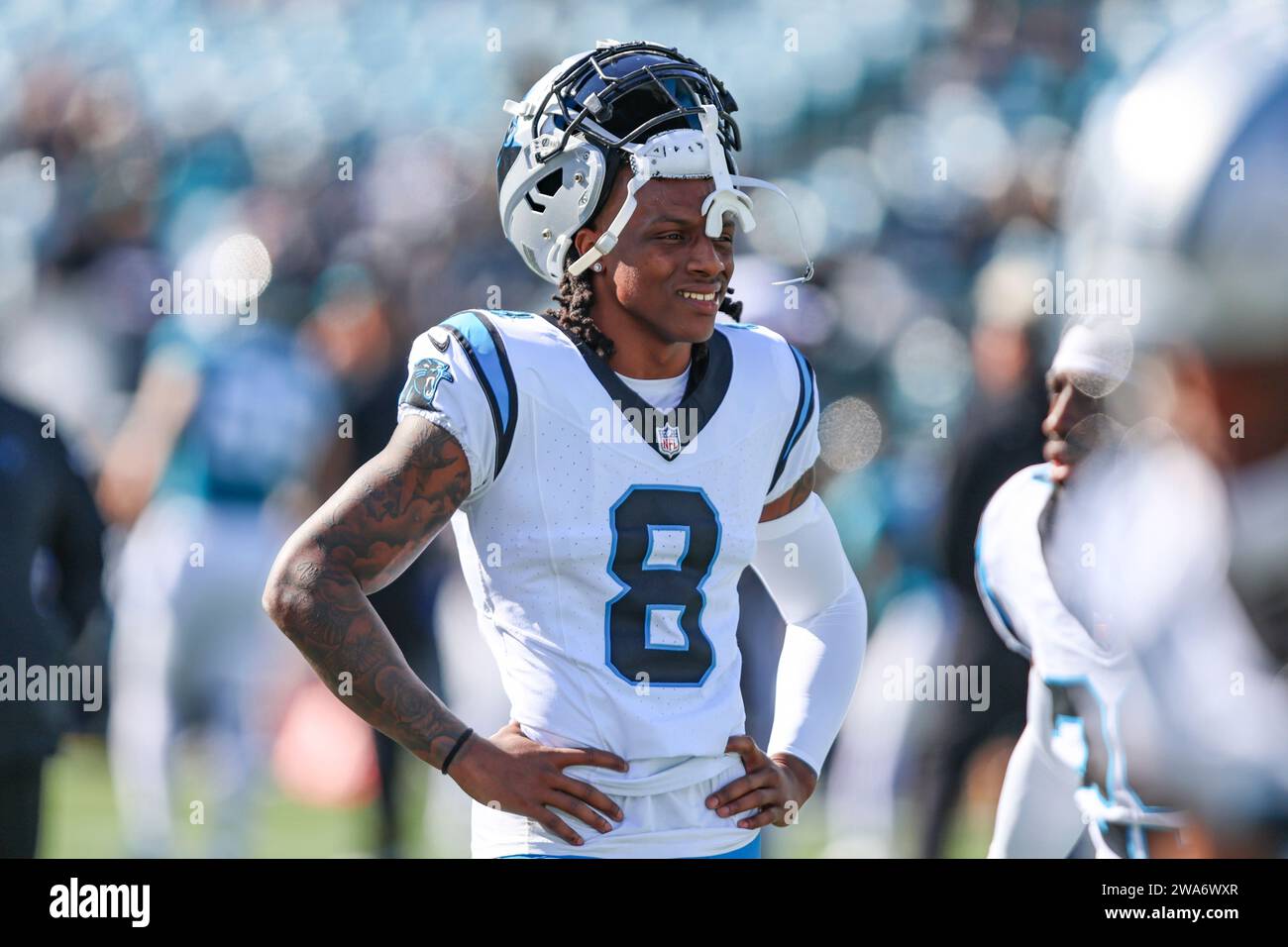Carolina Panthers cornerback Jaycee Horn (8) warms up before an NFL ...