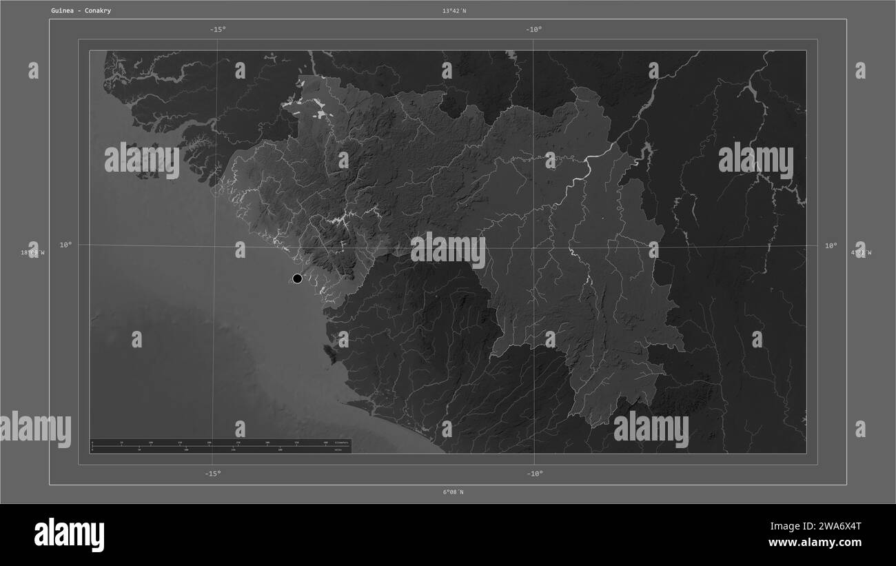 Guinea highlighted on a Grayscale elevation map with lakes and rivers ...