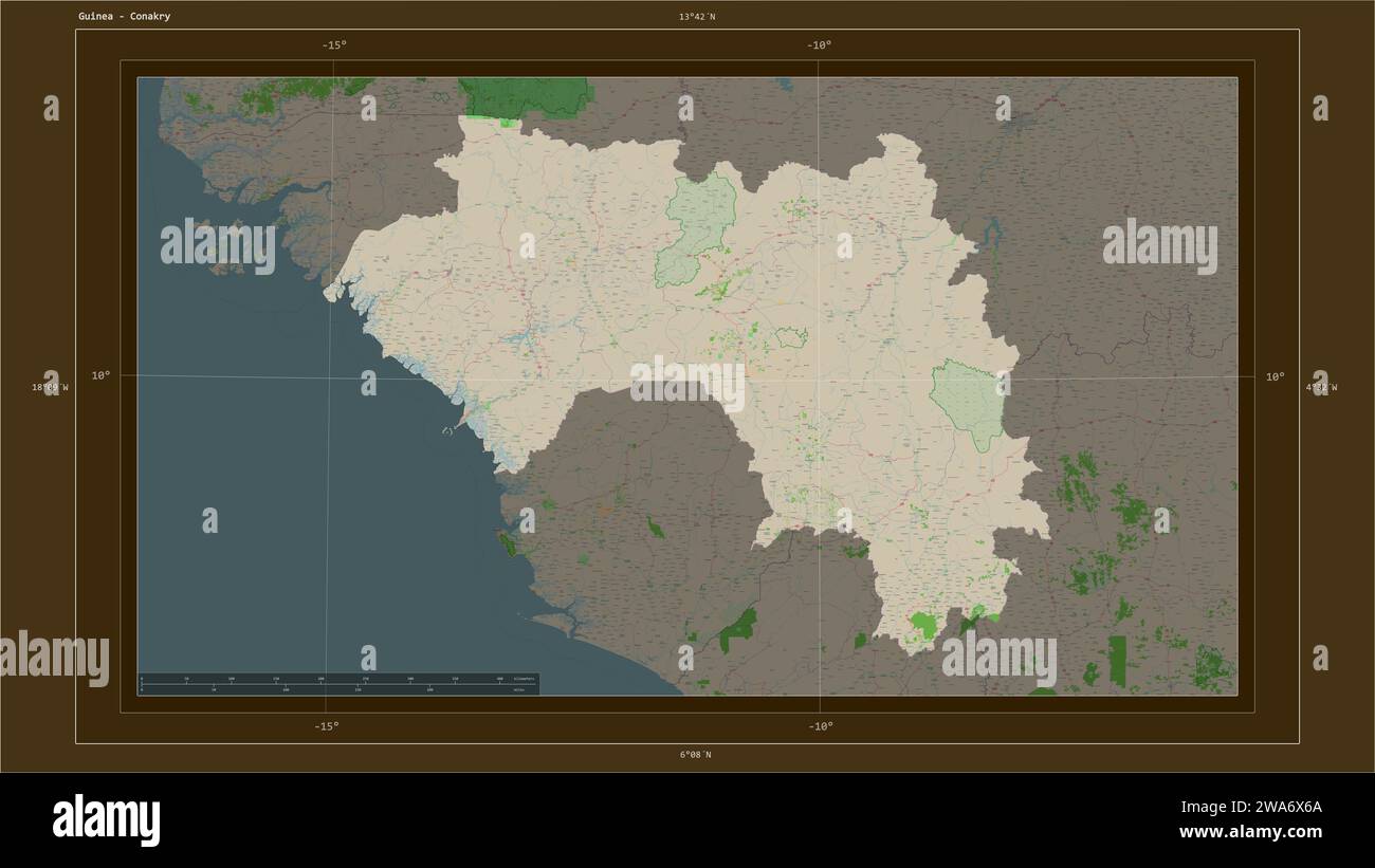 Guinea highlighted on a topographic, OSM France style map map with the ...