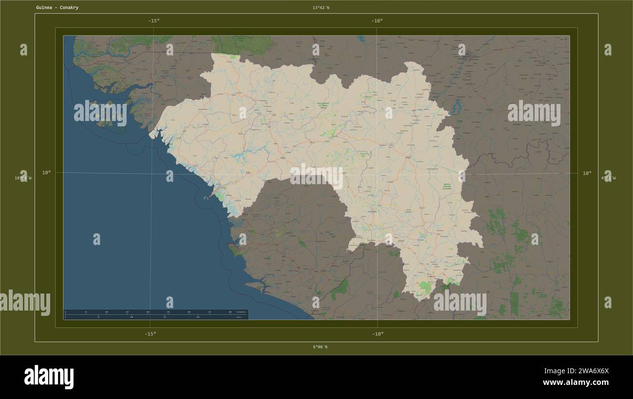Guinea highlighted on a topographic, OSM standard style map map with ...