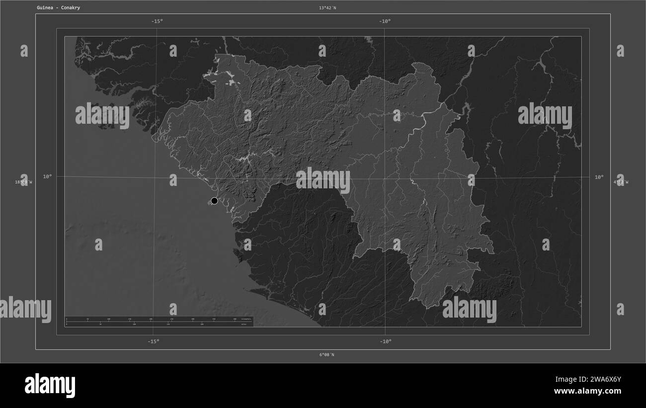 Guinea highlighted on a Bilevel elevation map with lakes and rivers map ...