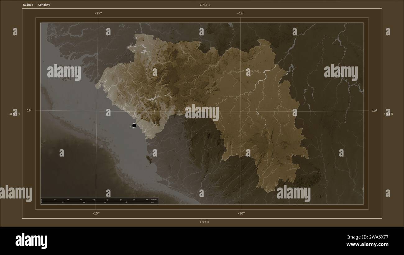 Guinea highlighted on a elevation map colored in sepia tones with lakes ...