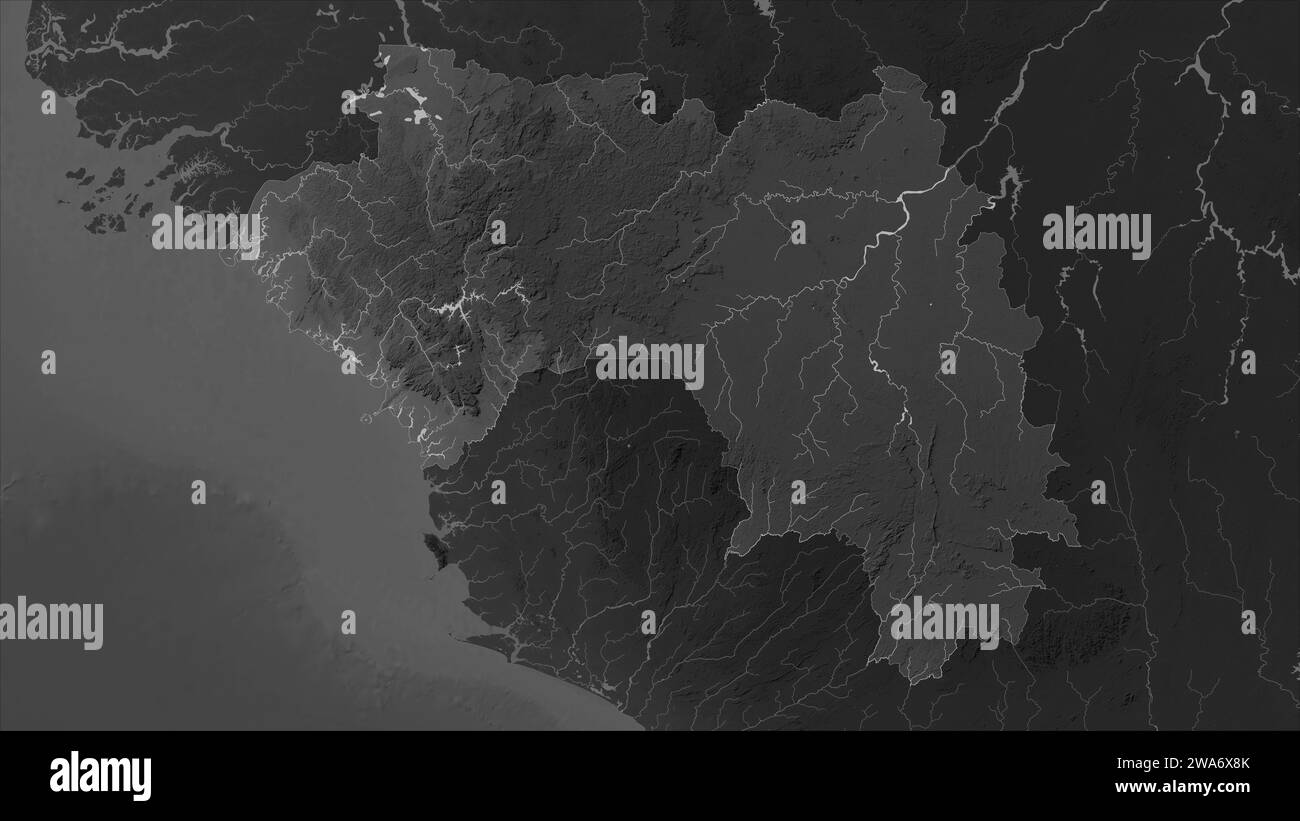 Guinea highlighted on a Grayscale elevation map with lakes and rivers ...