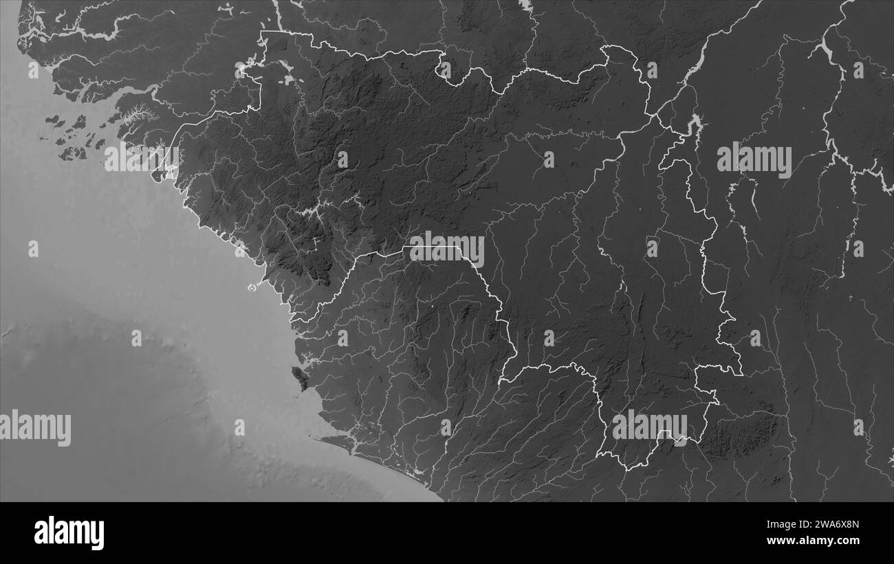 Guinea outlined on a Grayscale elevation map with lakes and rivers ...
