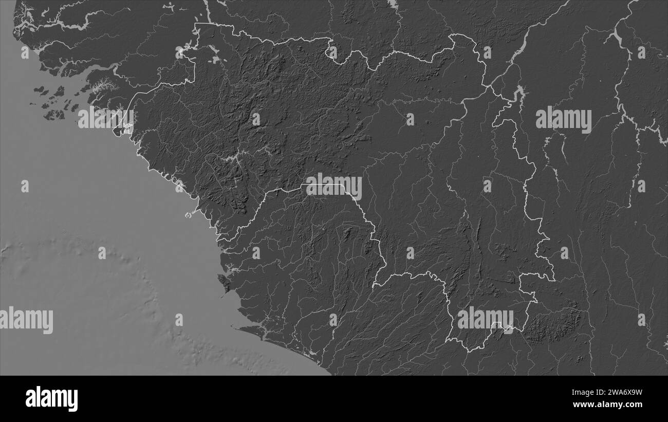 Guinea outlined on a Bilevel elevation map with lakes and rivers Stock ...