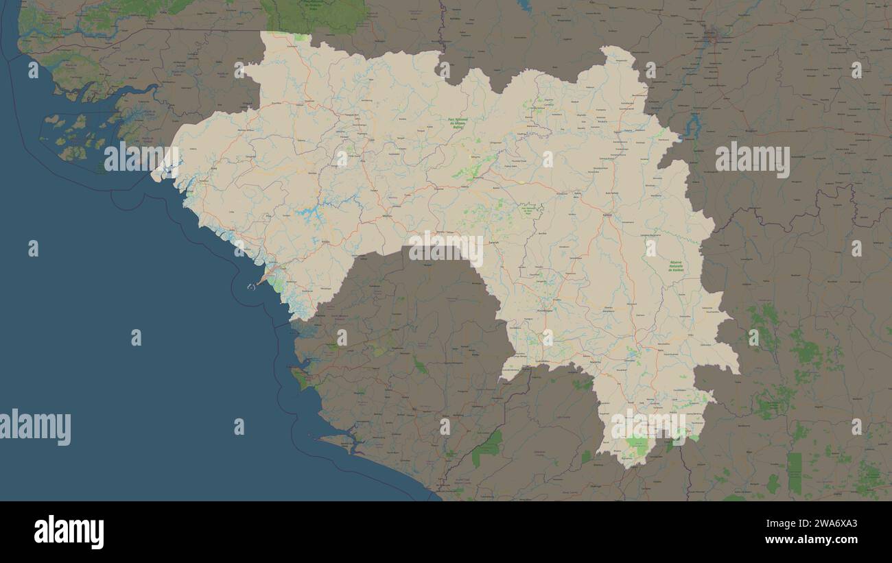 Guinea highlighted on a topographic, OSM standard style map Stock Photo ...