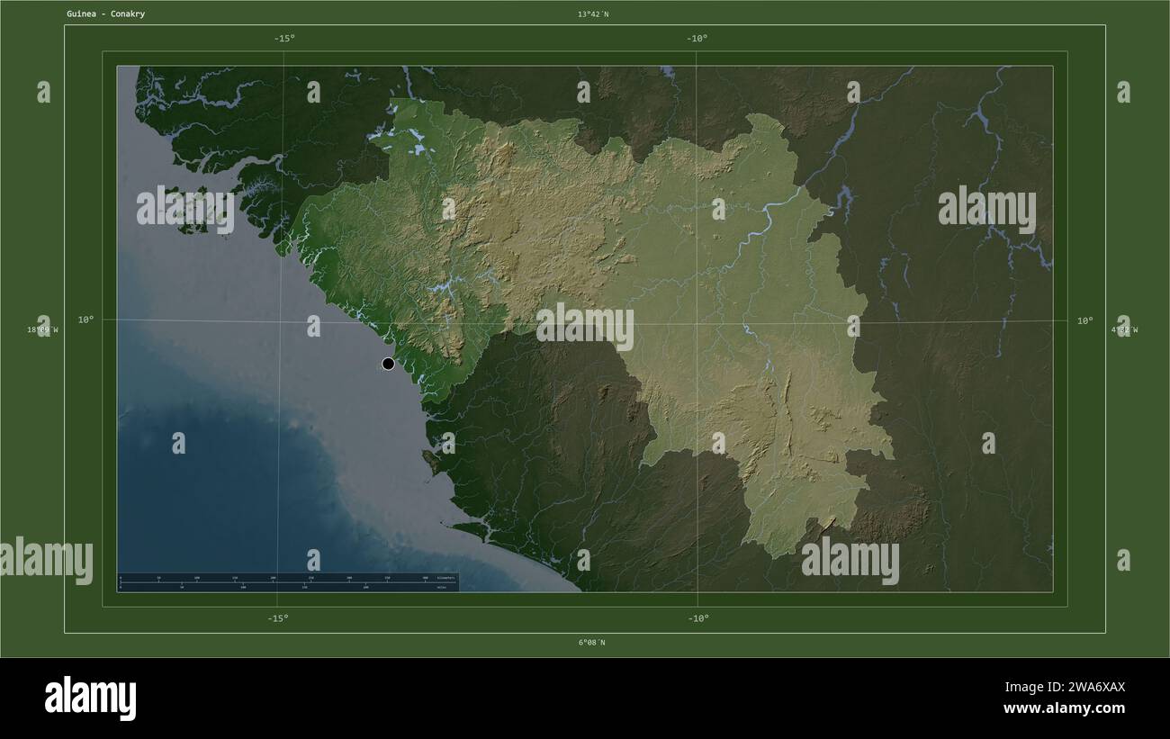 Guinea highlighted on a Pale colored elevation map with lakes and rivers map with the country's ...