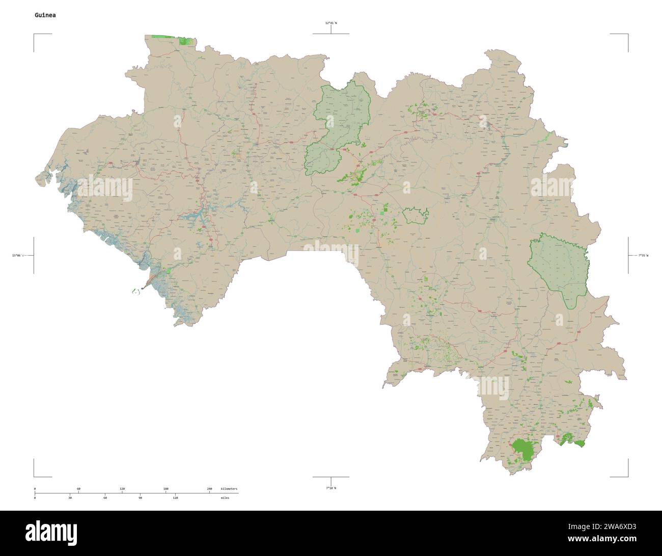 Shape of a topographic, OSM France style map of the Guinea, with ...