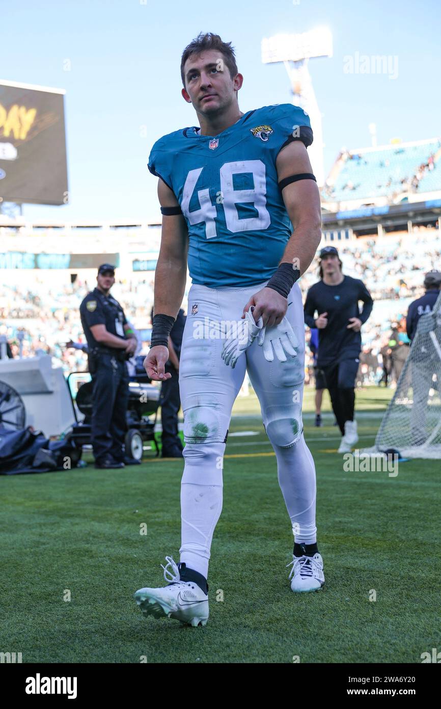 Jacksonville Jaguars linebacker Chad Muma (48) leaves the field after ...