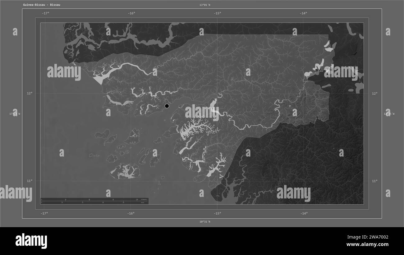 Guinea-Bissau highlighted on a Grayscale elevation map with lakes and ...