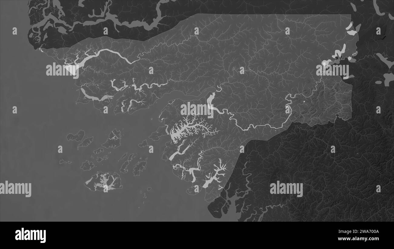 Guinea-Bissau highlighted on a Grayscale elevation map with lakes and ...