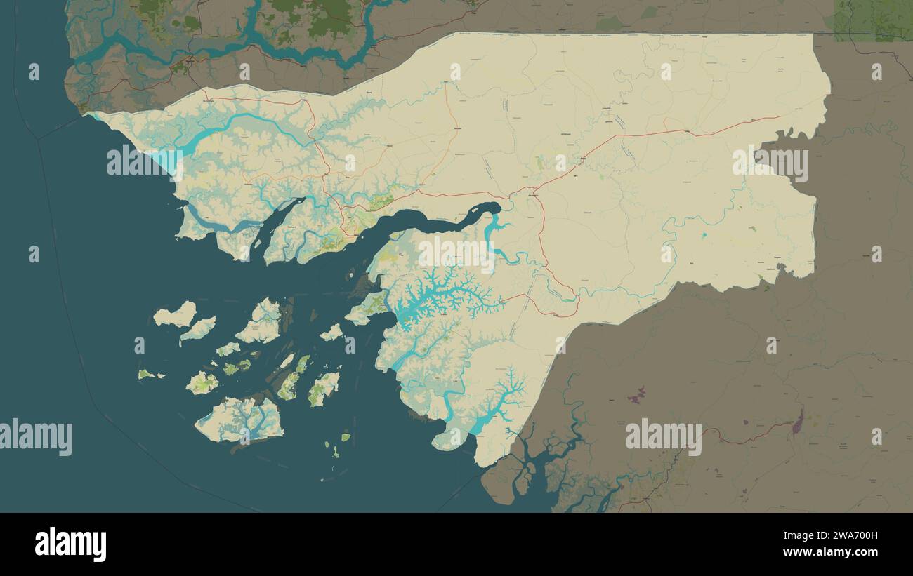 Guinea-Bissau highlighted on a topographic, OSM Humanitarian style map ...