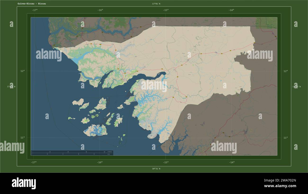 Guinea-Bissau highlighted on a topographic, OSM Germany style map map with the country's capital ...