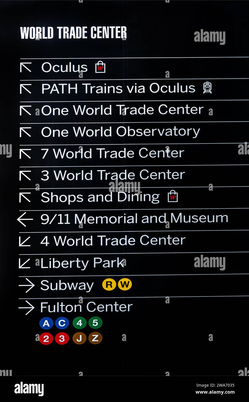 World Trade Center sign with directions to trains and vacation sites in ...