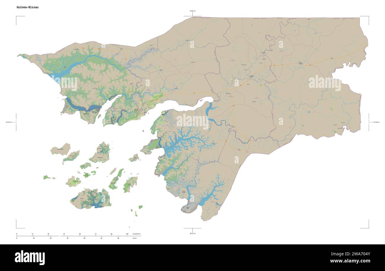 Shape of a topographic, OSM standard style map of the Guinea-Bissau ...