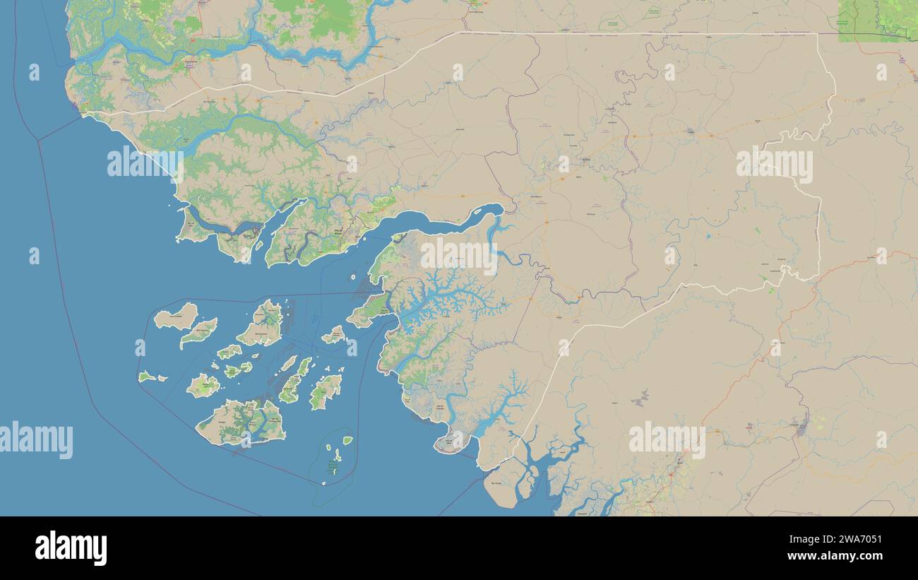 Guinea-Bissau outlined on a topographic, OSM standard style map Stock ...