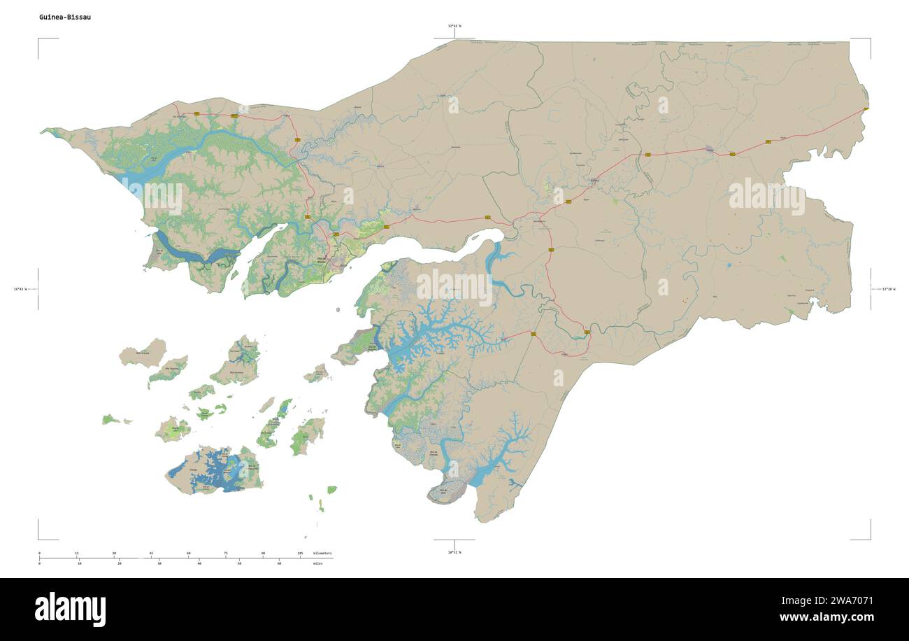 Shape of a topographic, OSM Germany style map of the Guinea-Bissau, with distance scale and map ...