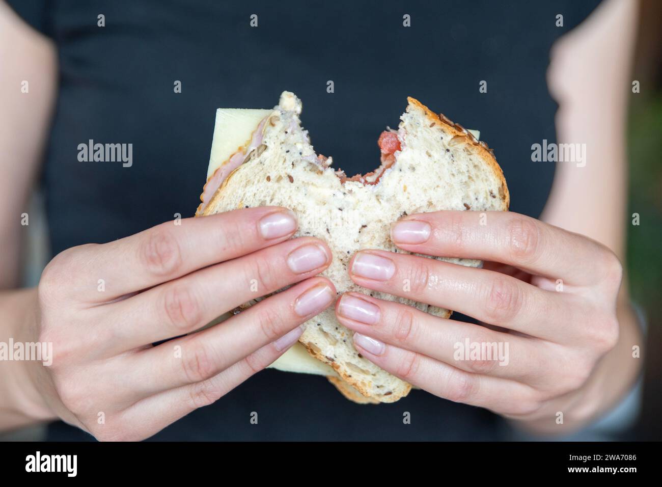 A woman's hand eats a sandwich with various healthy ingredients. Eating ...
