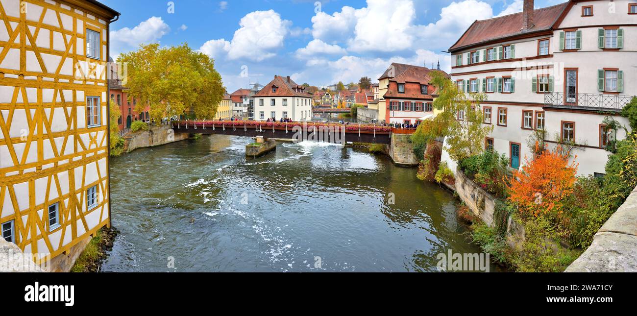Bridge decorated with flowers over the Regnitz river in the old town of ...