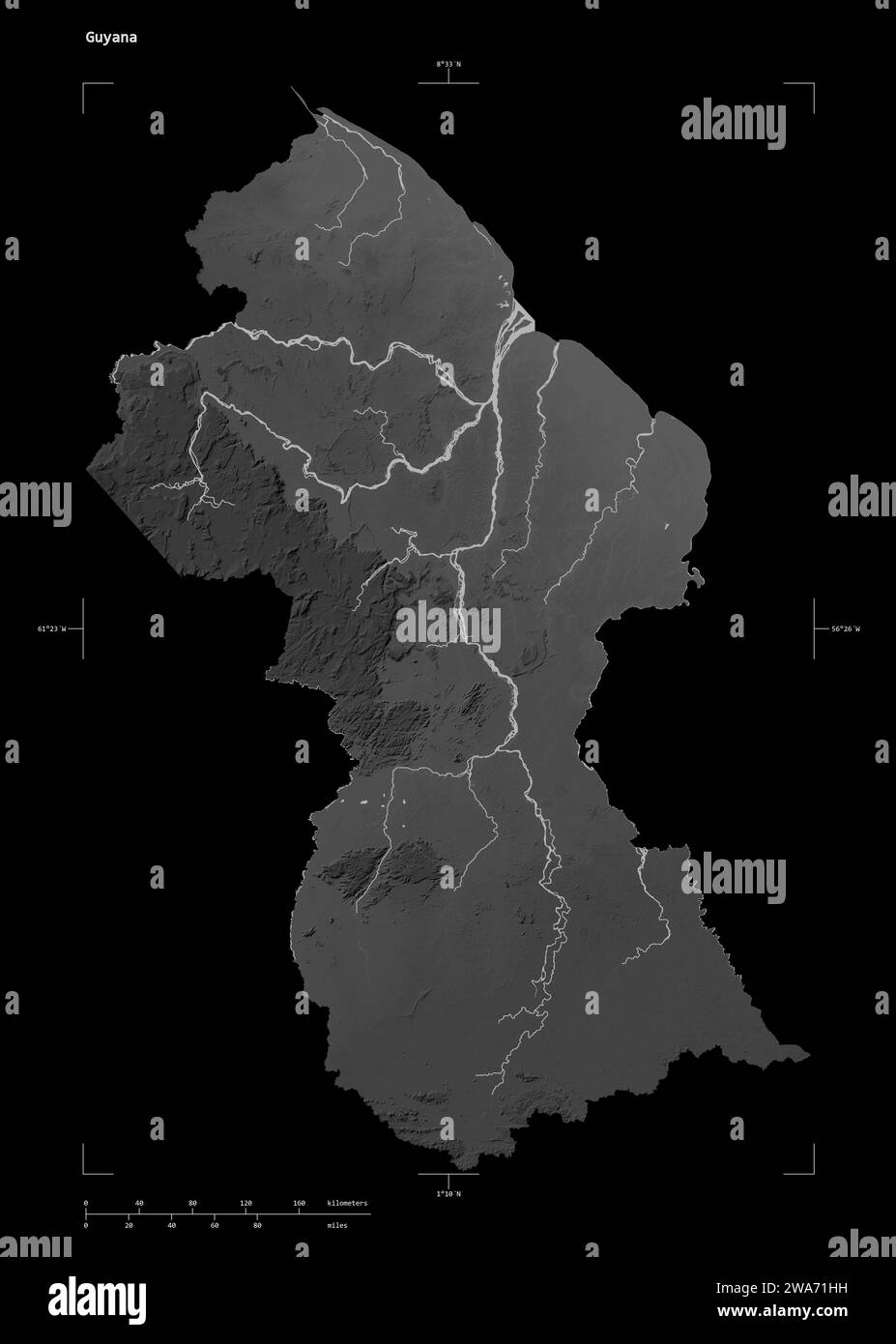 Shape of a Grayscale elevation map with lakes and rivers of the Guyana, with distance scale and ...
