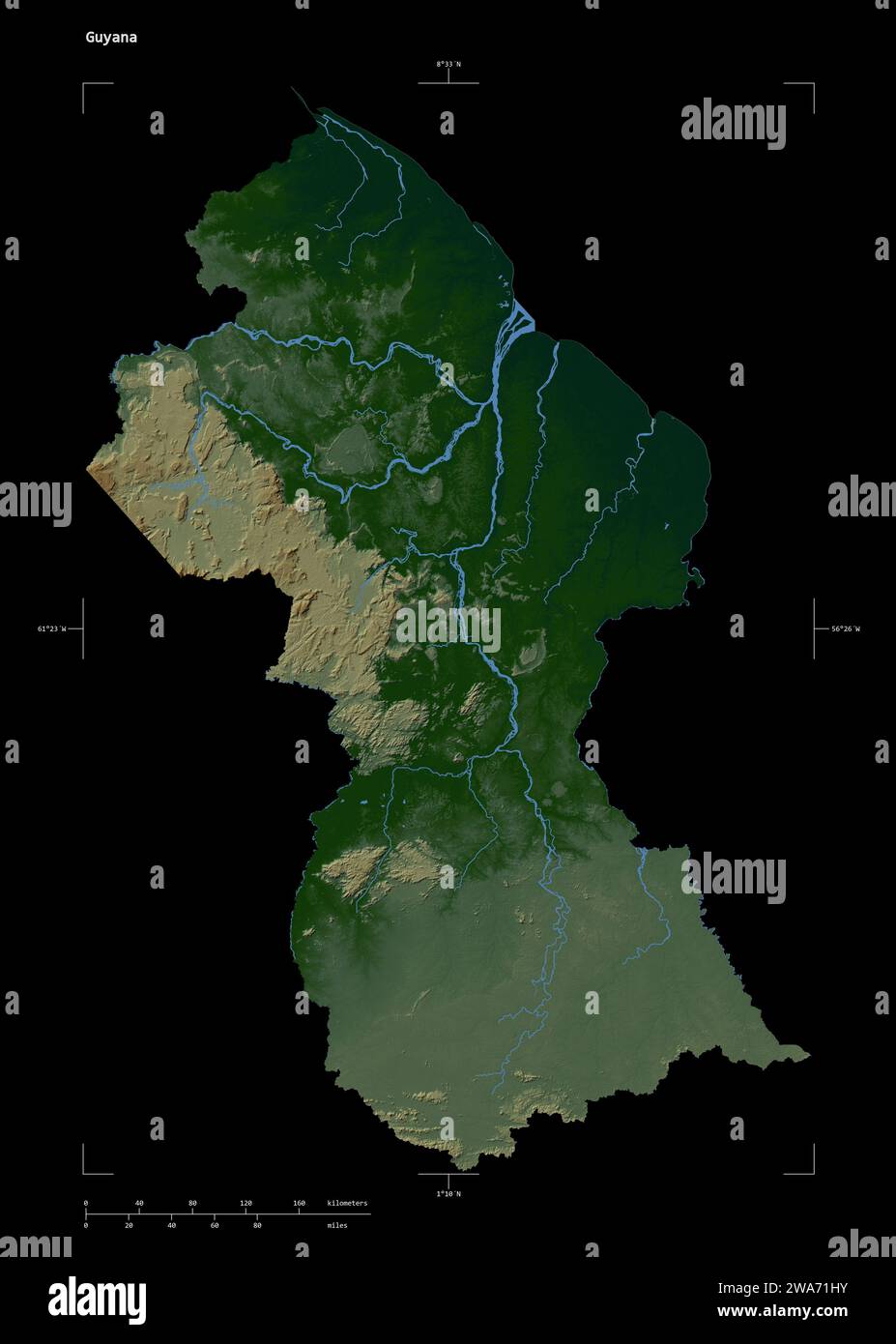 Shape of a Colored elevation map with lakes and rivers of the Guyana, with distance scale and ...