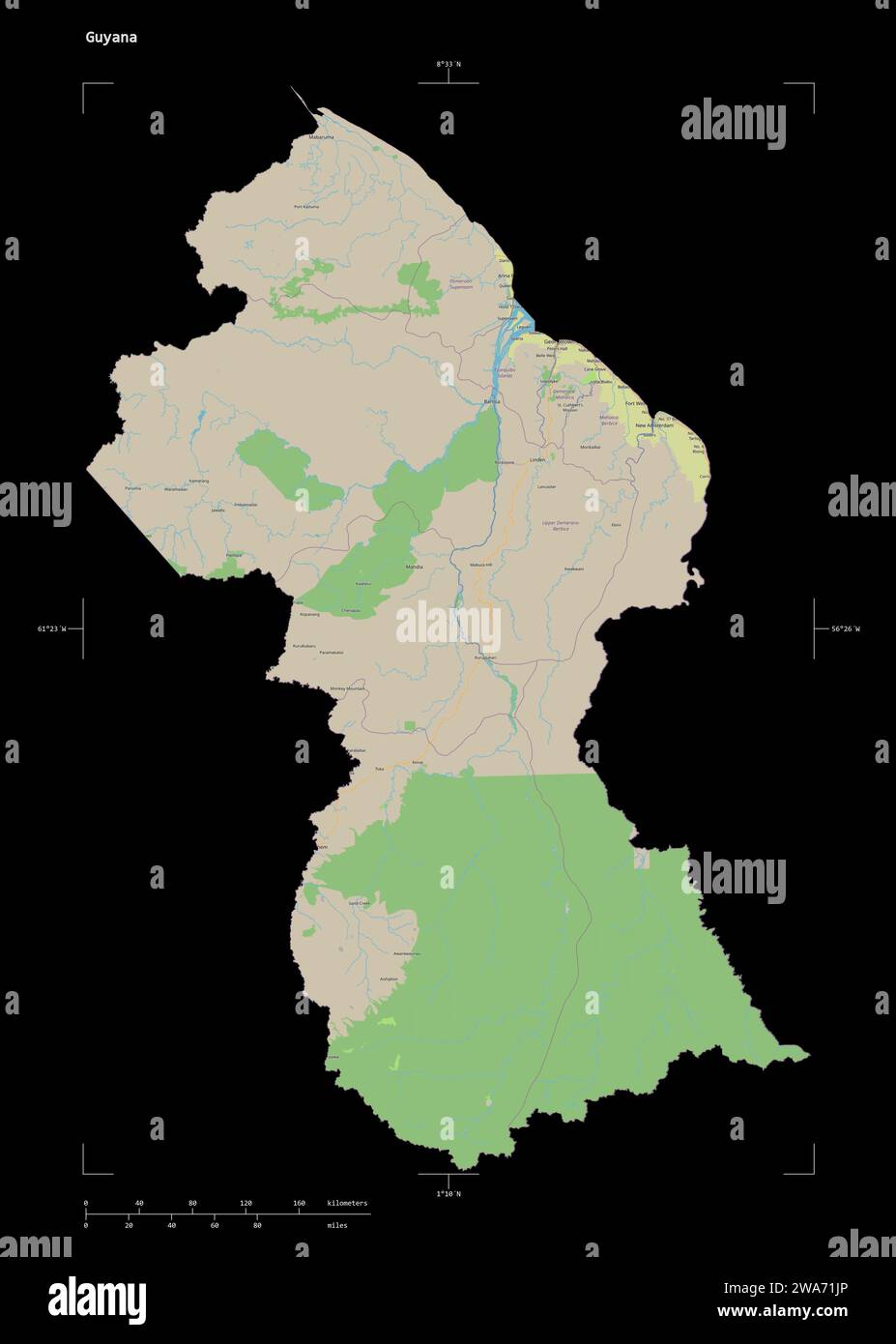 Shape of a topographic, OSM standard style map of the Guyana, with ...