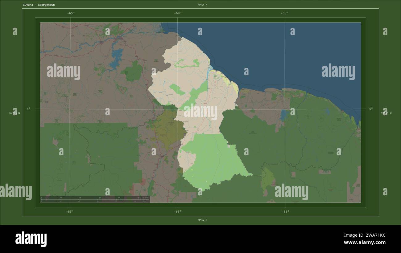 Guyana highlighted on a topographic, OSM Germany style map map with the country's capital point ...