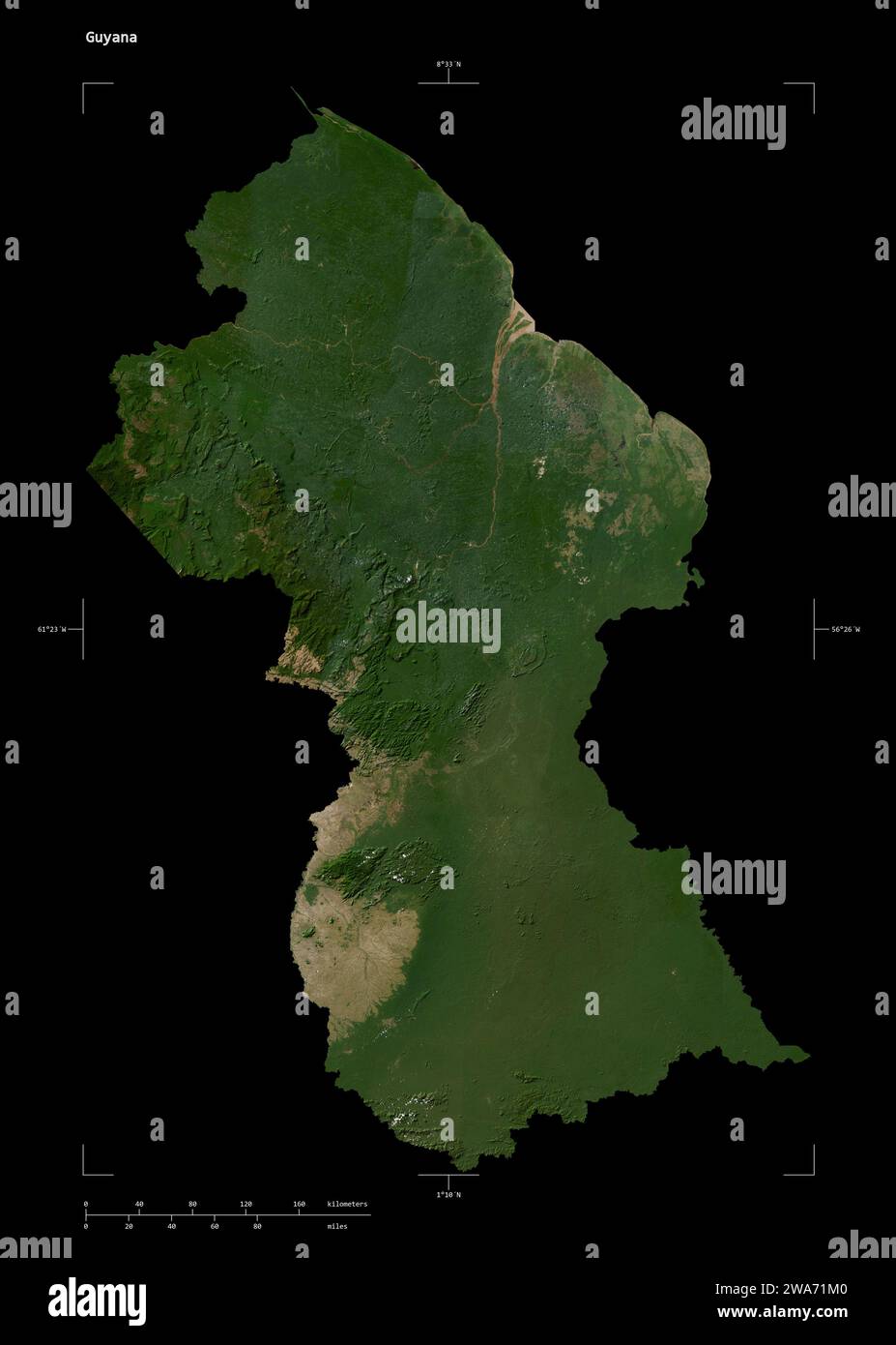 Shape of a low resolution satellite map of the Guyana, with distance ...